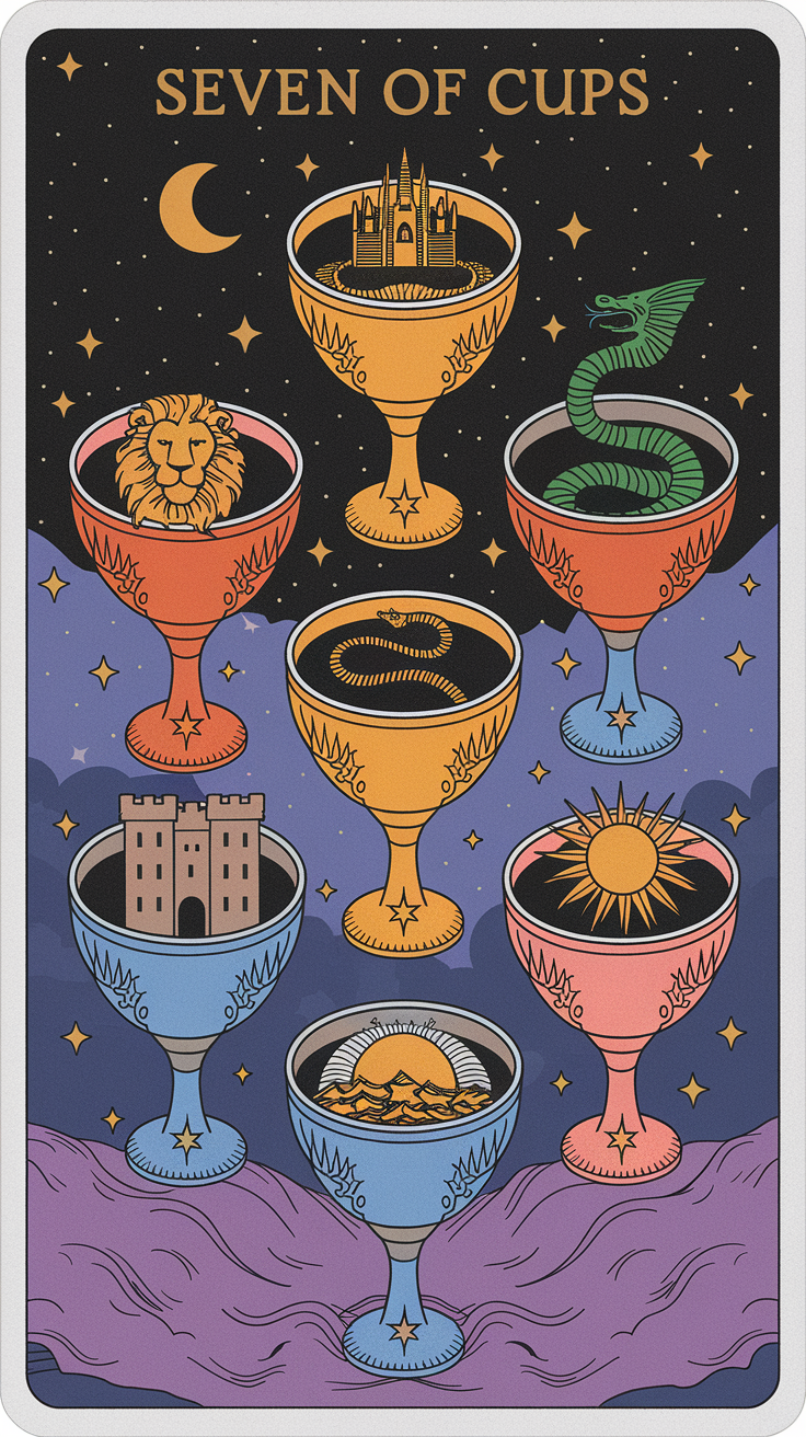 Seven of cups tarot card meaning: too many options and lack of action ...